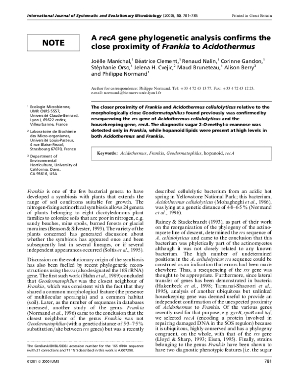 (PDF) A recA gene phylogenetic analysis confirms the close proximity of ...