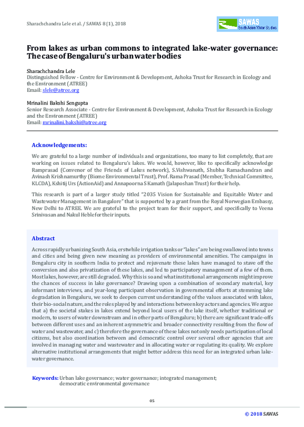 (PDF) From lakes as urban commons to integrated lake-water governance ...