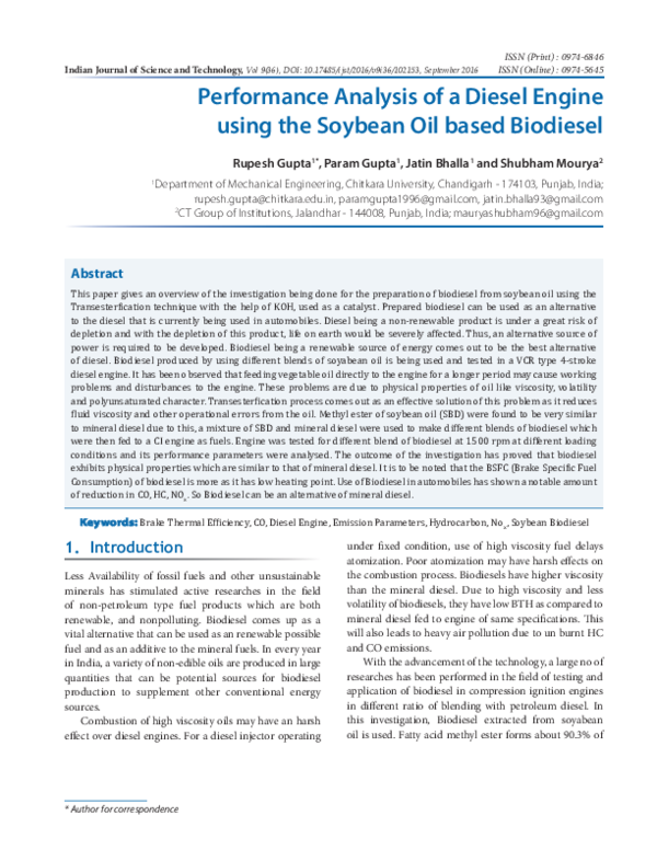 Pdf Performance Analysis Of A Diesel Engine Using The Soybean Oil Based Biodiesel