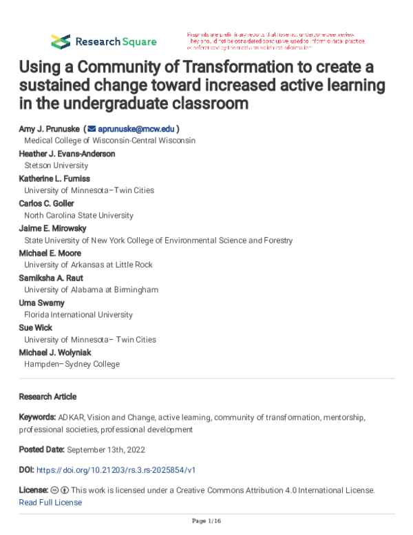 (PDF) Using a Community of Transformation to create a sustained change ...