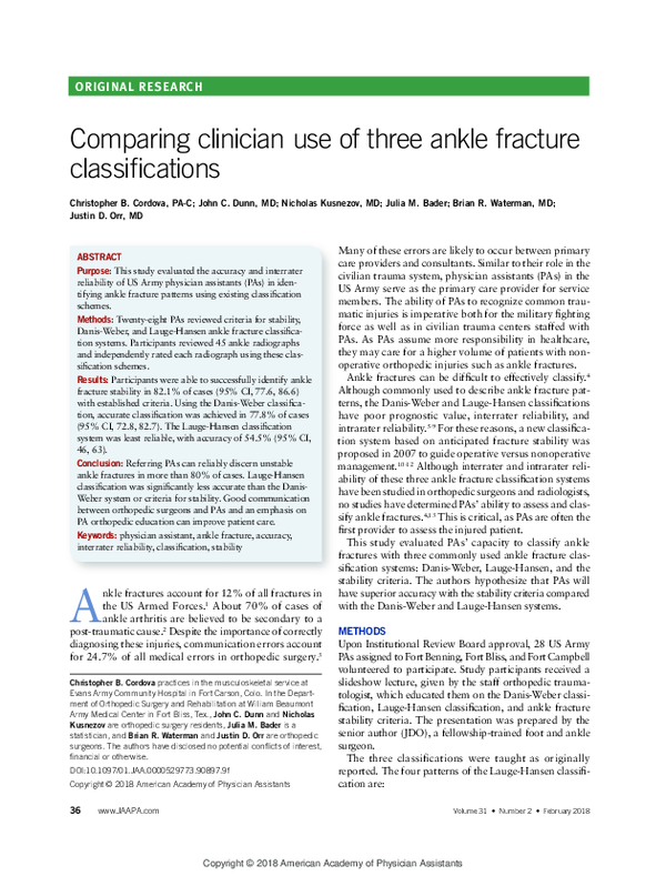 (PDF) Comparing clinician use of three ankle fracture classifications