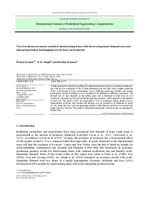 Pdf Two Warehouse Inventory Model Of Deteriorating Items With Three Component Demand Rate And