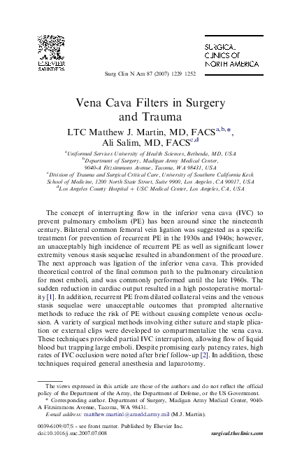 (PDF) Vena Cava Filters in Surgery and Trauma | Matthew Martin ...