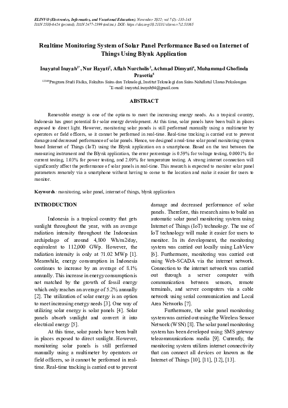 (PDF) Realtime Monitoring System of Solar Panel Performance Based on Internet of Things Using ...