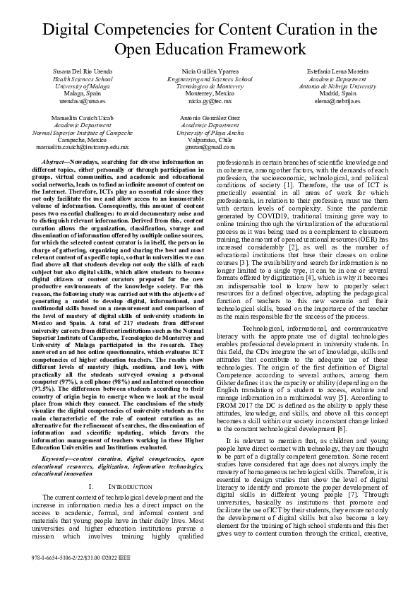 (PDF) Digital Competencies for Content Curation in the Open Education Framework