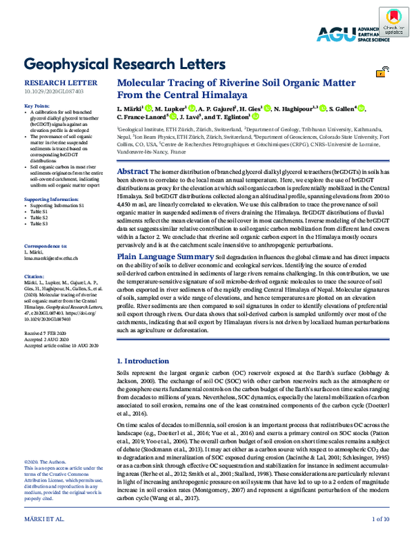 (PDF) Molecular Tracing of Riverine Soil Organic Matter From the Central Himalaya