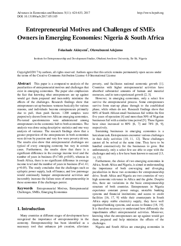 (PDF) Entrepreneurial Motives and Challenges of SMEs Owners in Emerging Economies: Nigeria ...