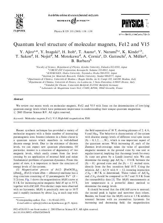 (PDF) Quantum level structure of molecular magnets, Fe12 and V15