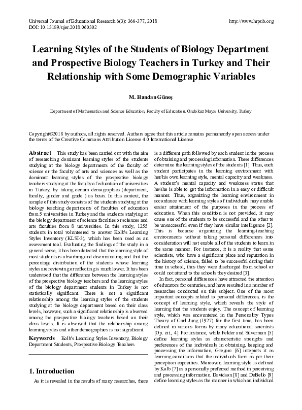 (PDF) Learning Styles of the Students of Biology Department and ...