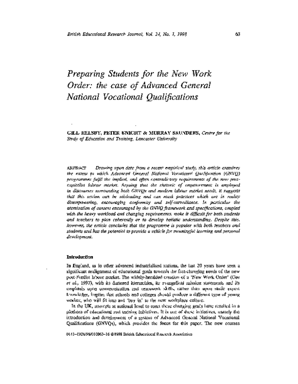 (PDF) Preparing Students for the New Work Order: the case of Advanced ...