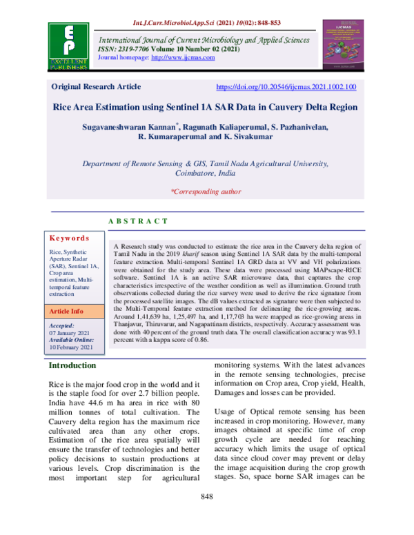 Pdf Rice Area Estimation Using Sentinel 1a Sar Data In Cauvery Delta