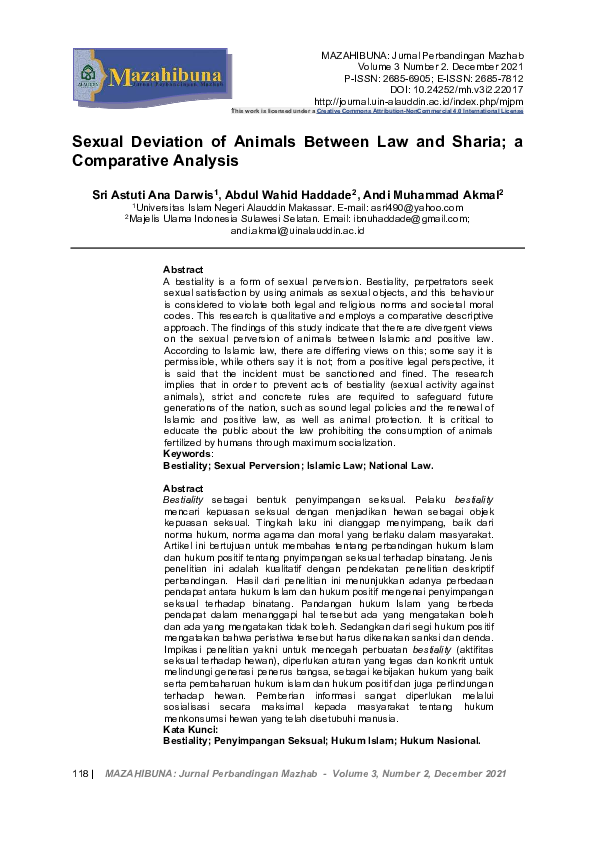 (PDF) Sexual Deviation of Animals Between Law and Sharia; a Comparative Analysis