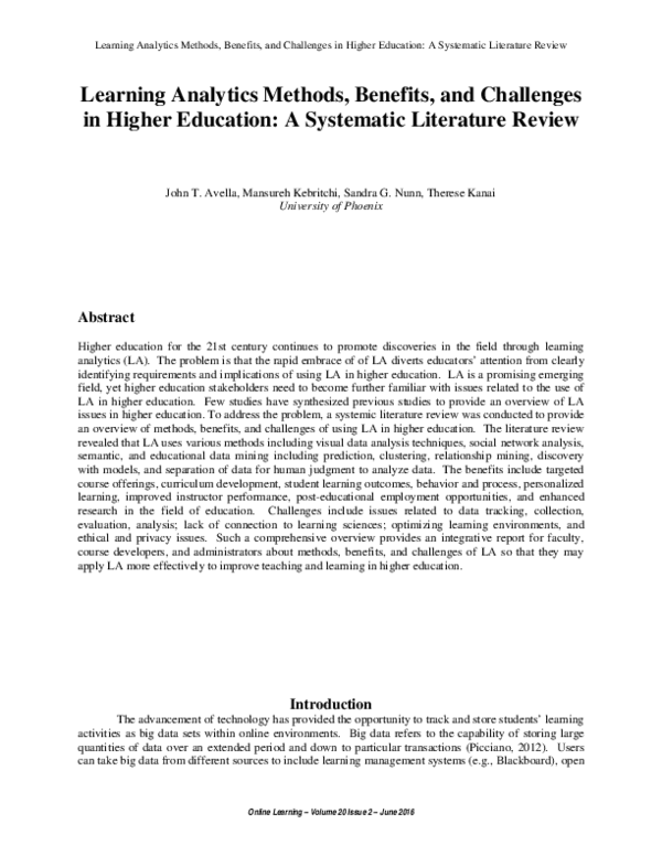 Pdf Learning Analytics Methods Benefits And Challenges In Higher Education A Systematic