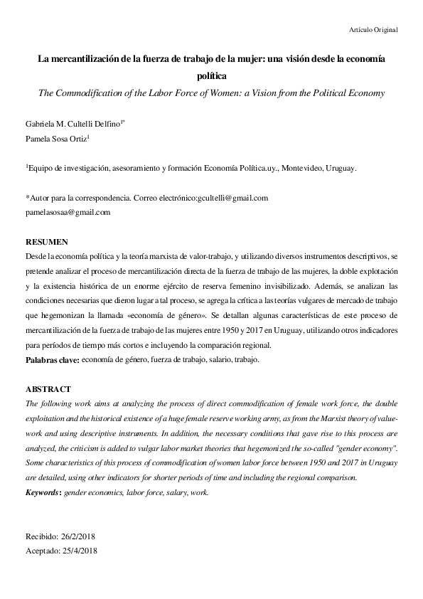 (PDF) The Commodification of the Labor Force of Women: a Vision from ...
