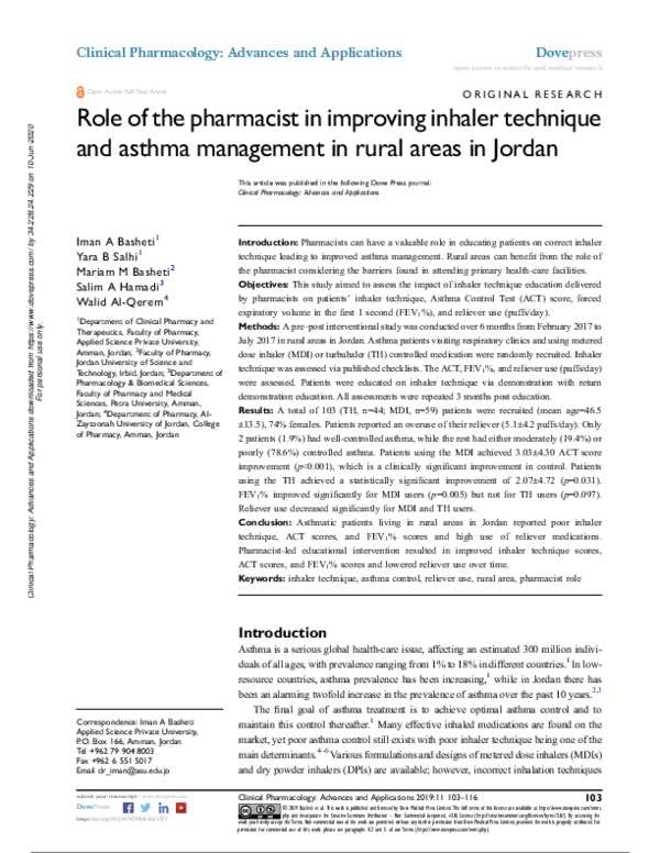 (PDF) Role of the pharmacist in improving inhaler technique and asthma management in rural areas ...