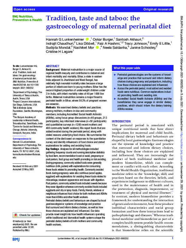 (PDF) Tradition, taste and taboo: the gastroecology of maternal perinatal diet | Indrajit ...