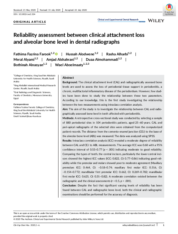 (PDF) Reliability assessment between clinical attachment loss and ...