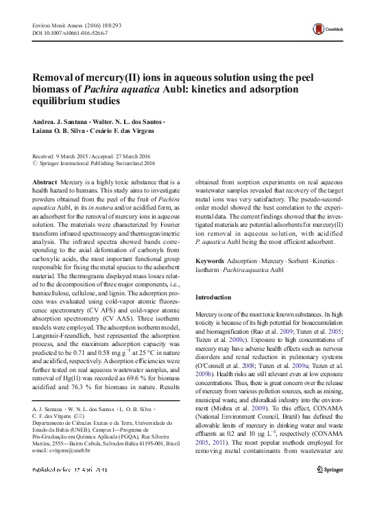 Pdf Removal Of Mercury Ii Ions In Aqueous Solution Using The Peel Biomass Of Pachira Aquatica
