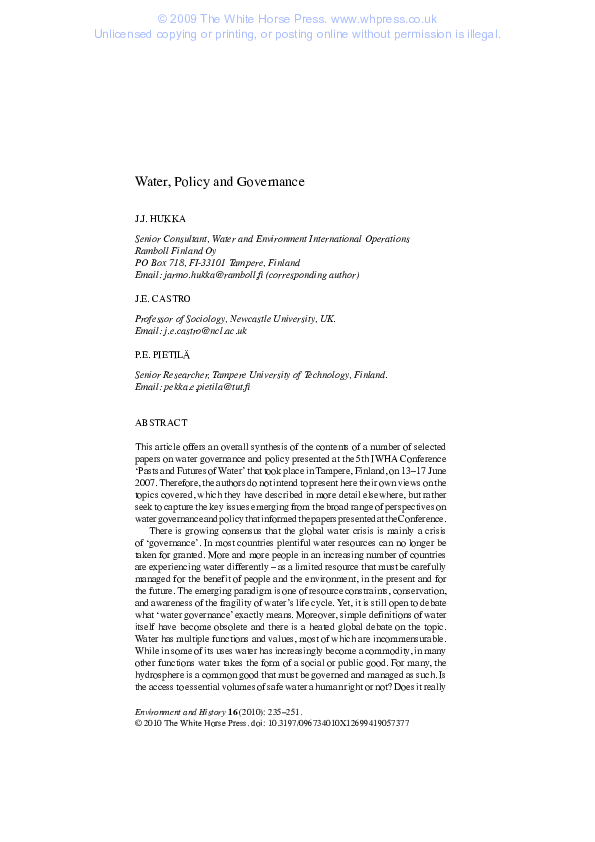 (PDF) Water, Policy and Governance