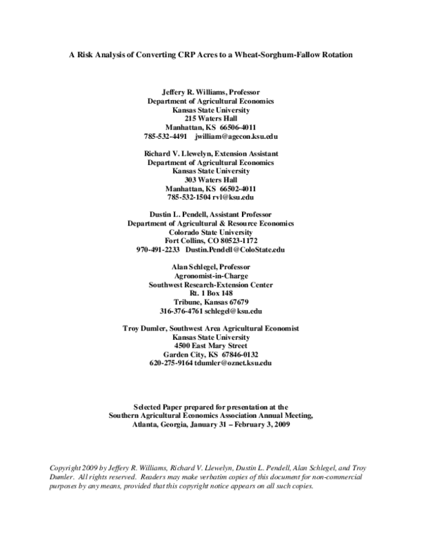 (PDF) A Risk Analysis of Converting CRP Acres to a Wheat-Sorghum-Fallow Rotation