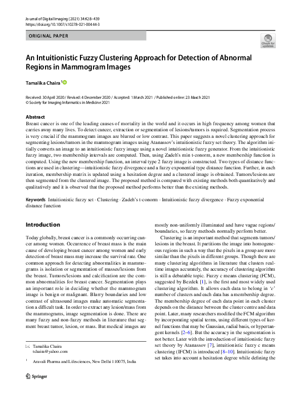 Pdf An Intuitionistic Fuzzy Clustering Approach For Detection Of Abnormal Regions In Mammogram