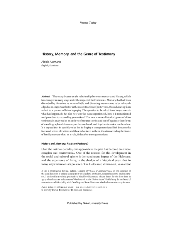 (PDF) History, Memory, and the Genre of Testimony
