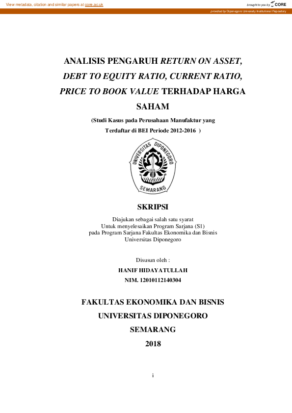 (PDF) ANALISIS PENGARUH RETURN ON ASSET, DEBT TO EQUITY RATIO, CURRENT ... (PDF) ANALISIS PENGARUH RETURN ON ASSET, DEBT TO EQUITY RATIO, CURRENT ...