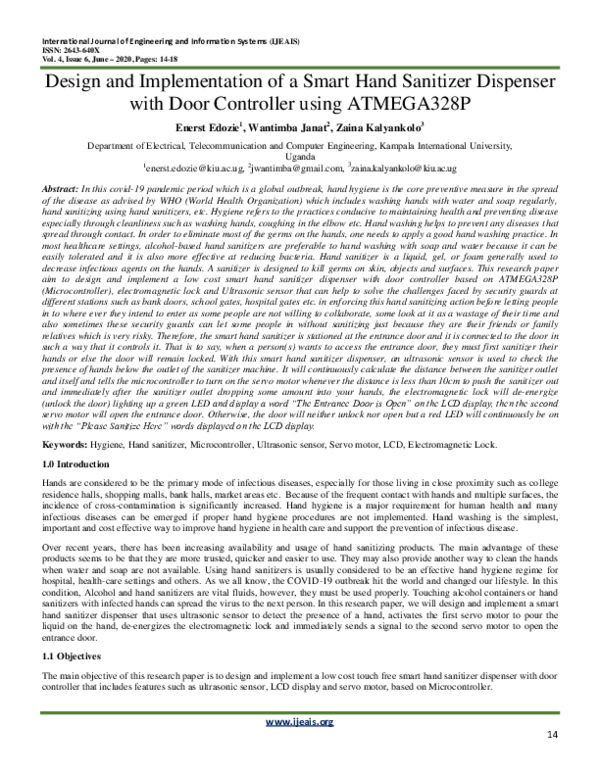(PDF) Design and Implementation of a Smart Hand Sanitizer Dispenser with Door Controller using ...