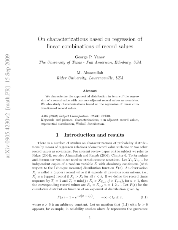 (PDF) On characterizations based on regression of linear combinations of records