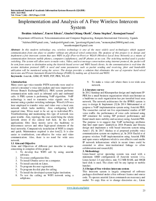 (PDF) Implementation and Analysis of A Free Wireless Intercom System