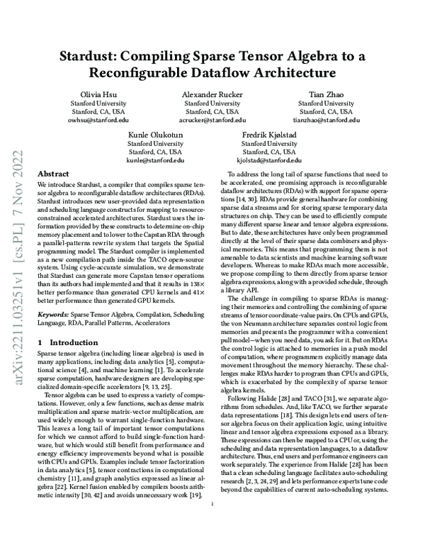 (PDF) Stardust: Compiling Sparse Tensor Algebra to a Reconfigurable Dataflow Architecture