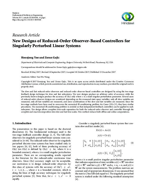 (PDF) New Designs of Reduced-Order Observer-Based Controllers for Singularly Perturbed Linear ...