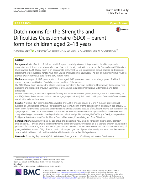 (PDF) Dutch norms for the Strengths and Difficulties Questionnaire (SDQ ...