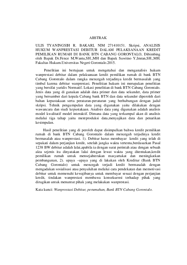 (PDF) Analisis Hukum Wanprestasi Debitur Dalam Pelaksanaan Kredit Pemilikan Rumah DI Bank BTN ...