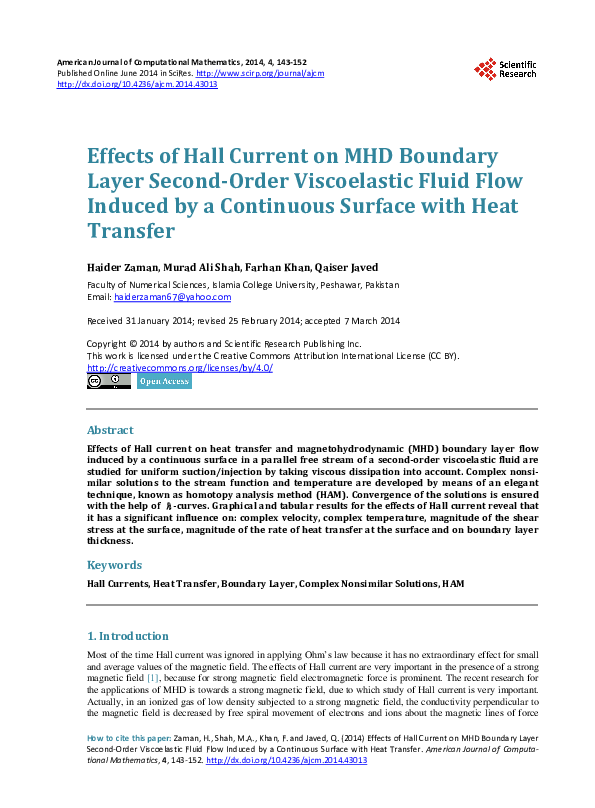 (PDF) Effects of Hall Current on MHD Boundary Layer Second-Order Viscoelastic Fluid Flow Induced ...