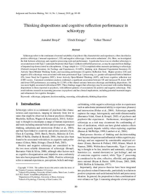 (PDF) Thinking dispositions and cognitive reflection performance in schizotypy | Annabel Broyd ...