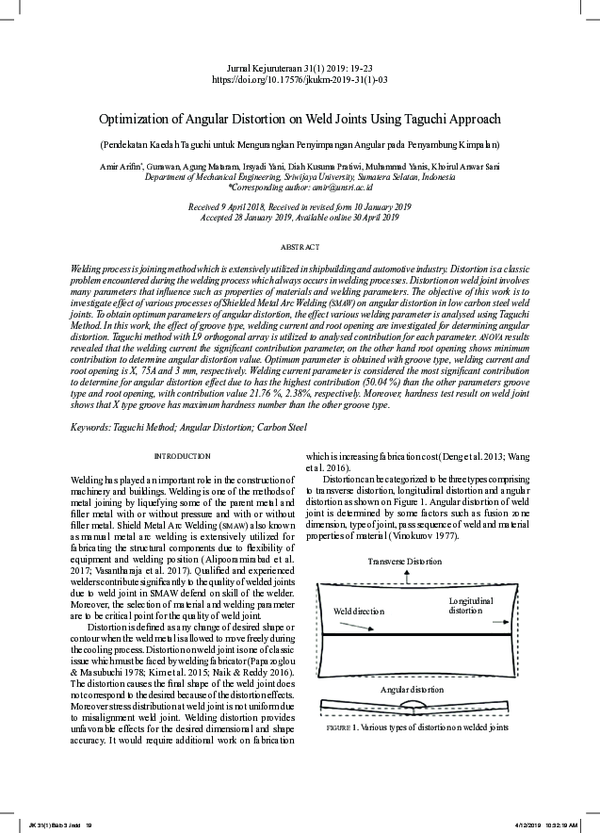 (PDF) Optimization of Angular Distortion on Weld Joints Using Taguchi ...