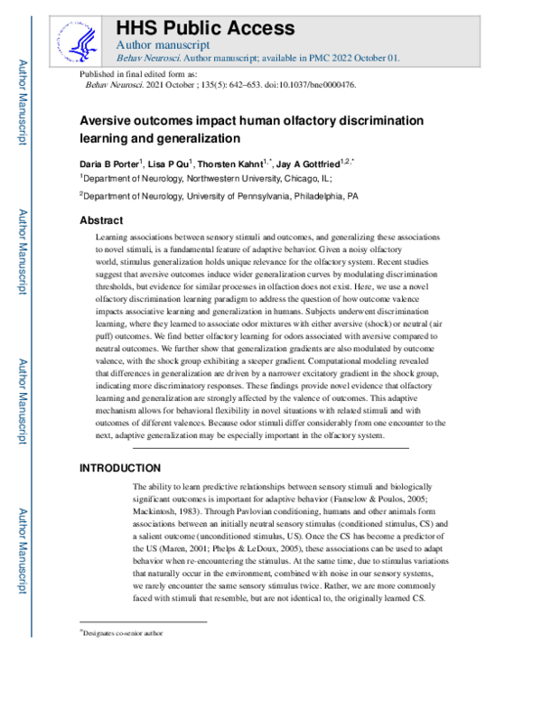(PDF) Aversive outcomes impact human olfactory discrimination learning ...