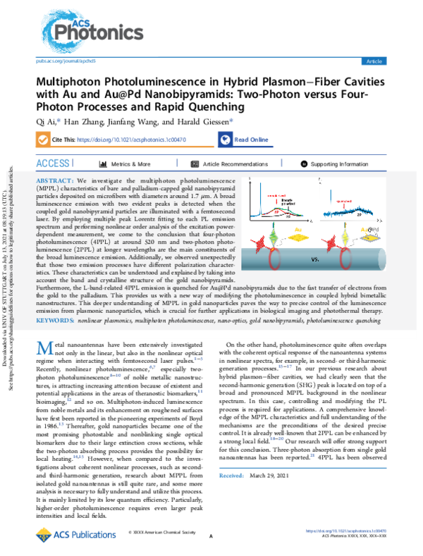 (PDF) Multiphoton Photoluminescence in Hybrid Plasmon–Fiber Cavities with Au and Au@Pd ...