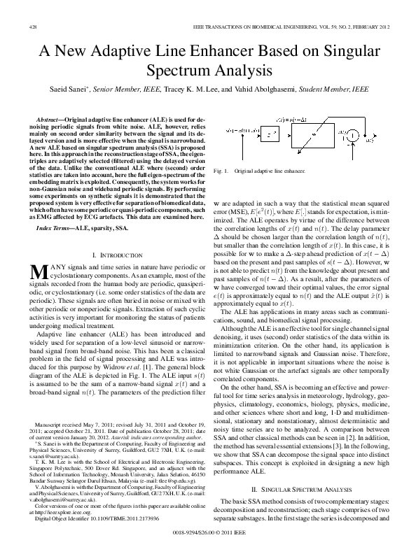 Pdf A New Adaptive Line Enhancer Based On Singular Spectrum Analysis