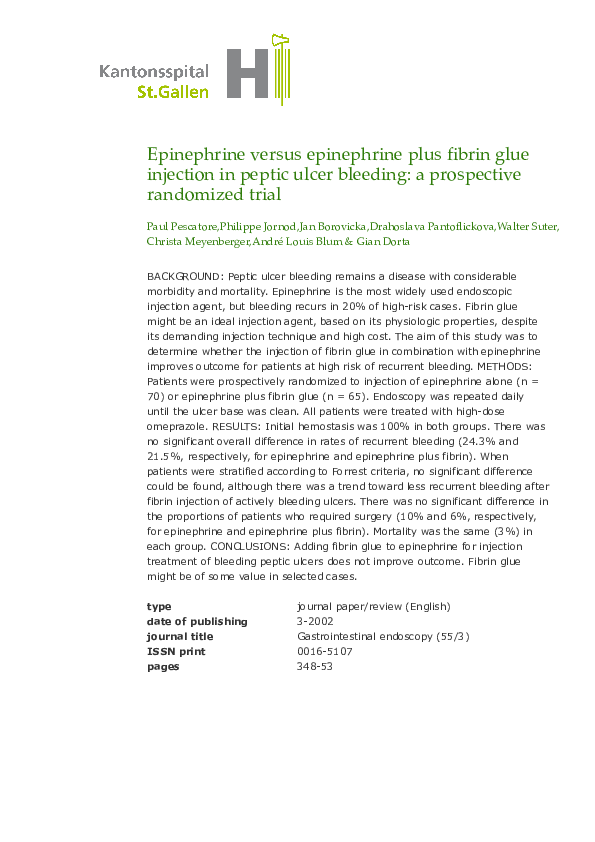 (PDF) Epinephrine versus epinephrine plus fibrin glue injection in peptic ulcer bleeding: A ...