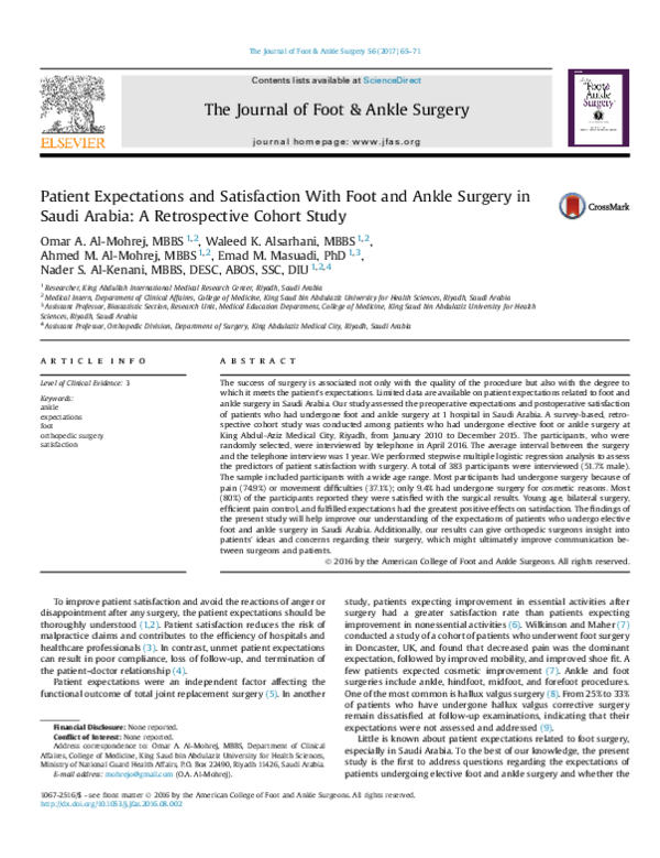 (PDF) Patient Expectations and Satisfaction With Foot and Ankle Surgery ...