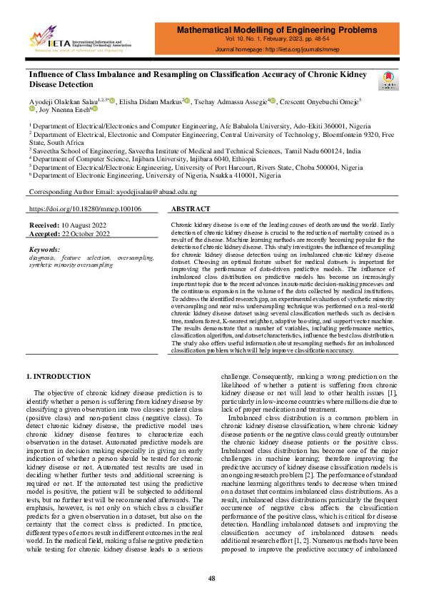 (PDF) Influence of Class Imbalance and Resampling on Classification Accuracy of Chronic Kidney ...