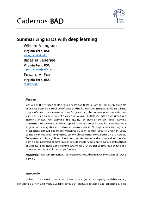 (PDF) Summarizing ETDs with deep learning | William Ingram - Academia.edu