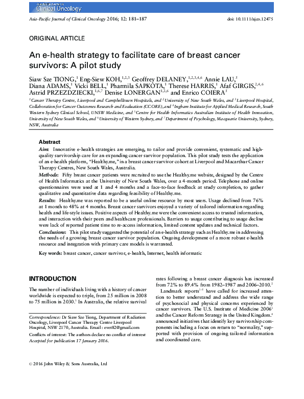 (PDF) An e-health strategy to facilitate care of breast cancer survivors: A pilot study