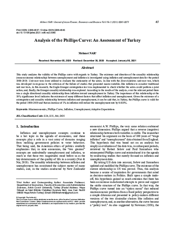 (PDF) Analysis of the Phillips Curve: An Assessment of Turkey | mehmet nar - Academia.edu
