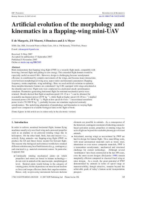 (PDF) Artificial evolution of the morphology and kinematics in a flapping-wing mini-UAV