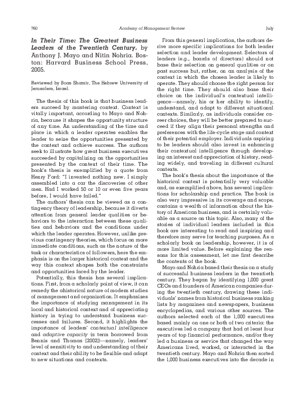 (PDF) In Their Time: The Greatest Business Leaders of the Twentieth Century