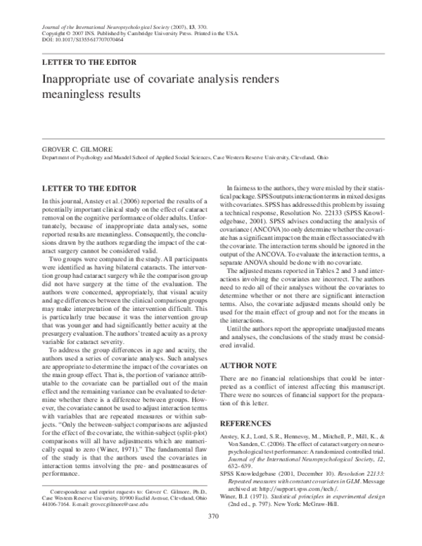 (PDF) Inappropriate use of covariate analysis renders meaningless results
