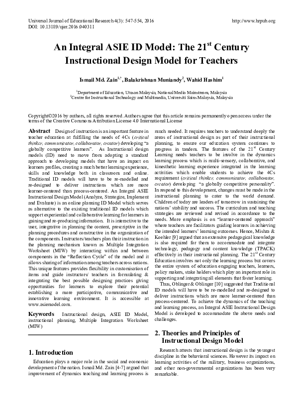 (PDF) An Integral ASIE ID Model: The 21st Century Instructional Design ...